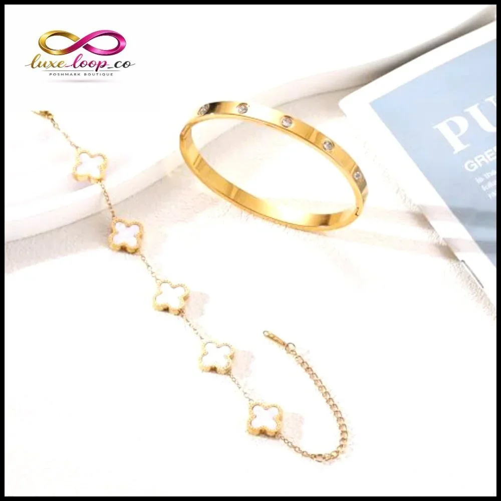 Jewelry | Stainless Steel Clover Bangle Bracelet Set With Extension ...